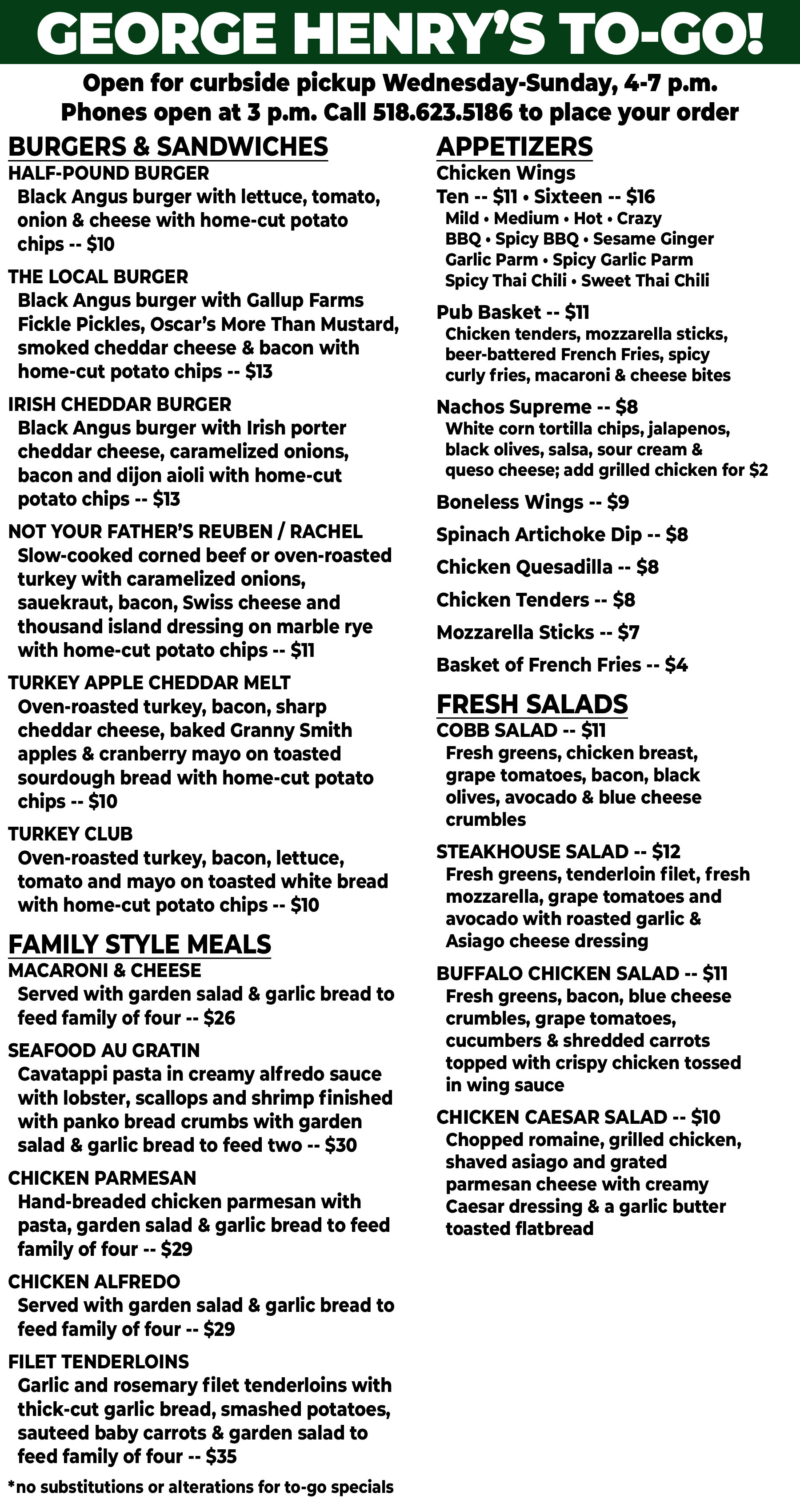 Daily Specials : George Henry's Eatery & Drinkery